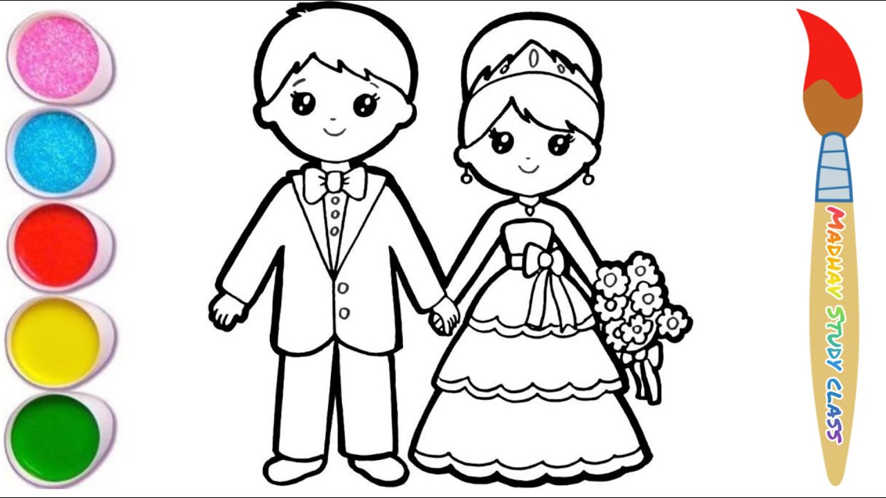Wedding Couple Easy Drawing, Colouring & Painting for Kids, Toddlers ...