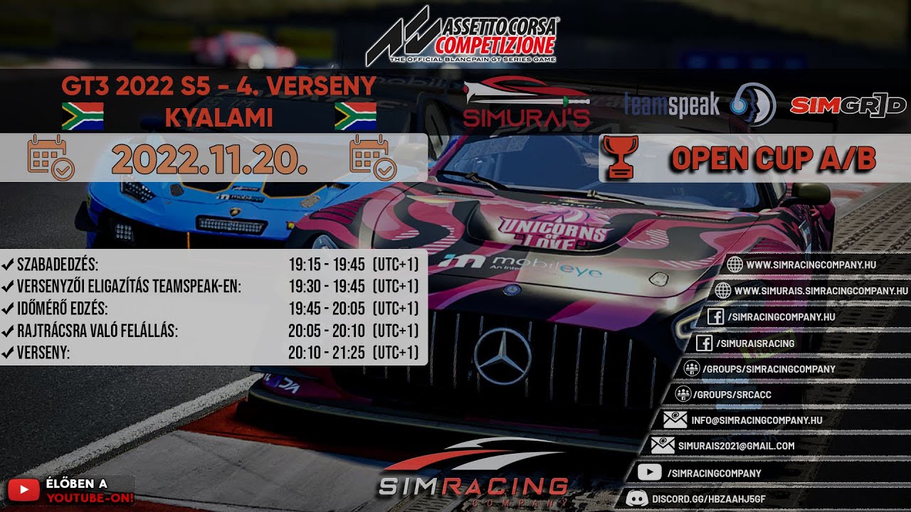 Sim Racing Company - GT3 2022 S5: 4. verseny | Kyalami | Open Cup A ...