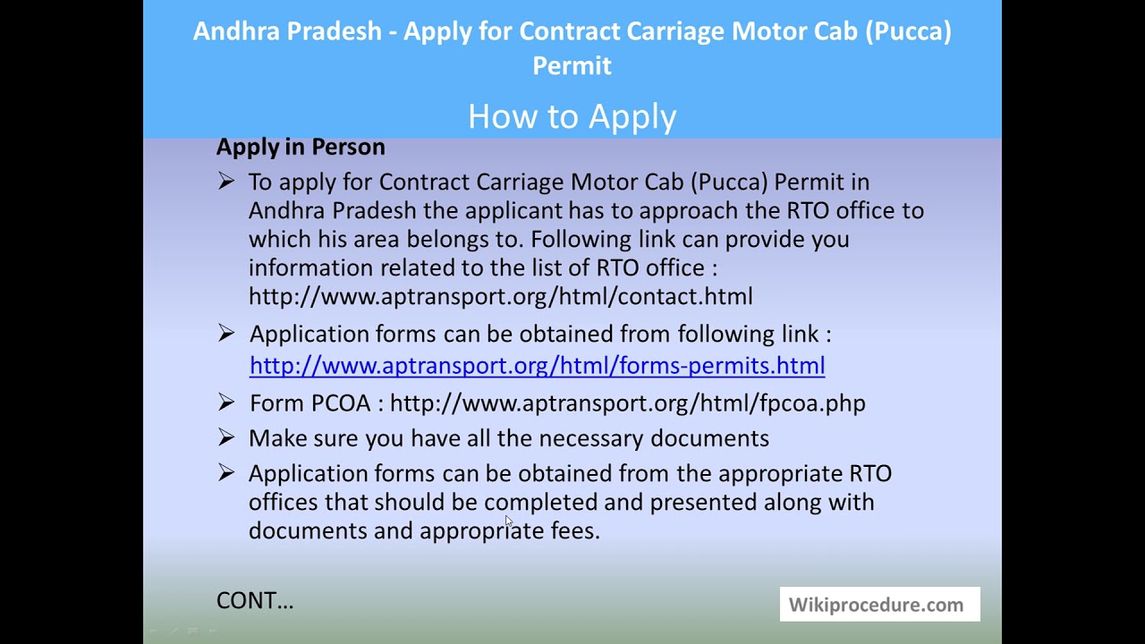 Andhra Pradesh - Apply For Contract Carriage Motor Cab (Pucca) Permit ...