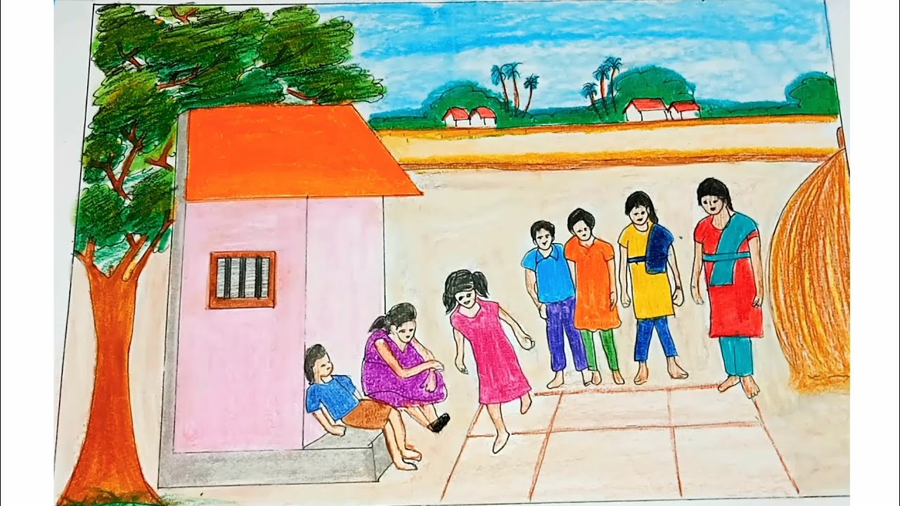 Drawing village children playing scenery step by step for beginners ...