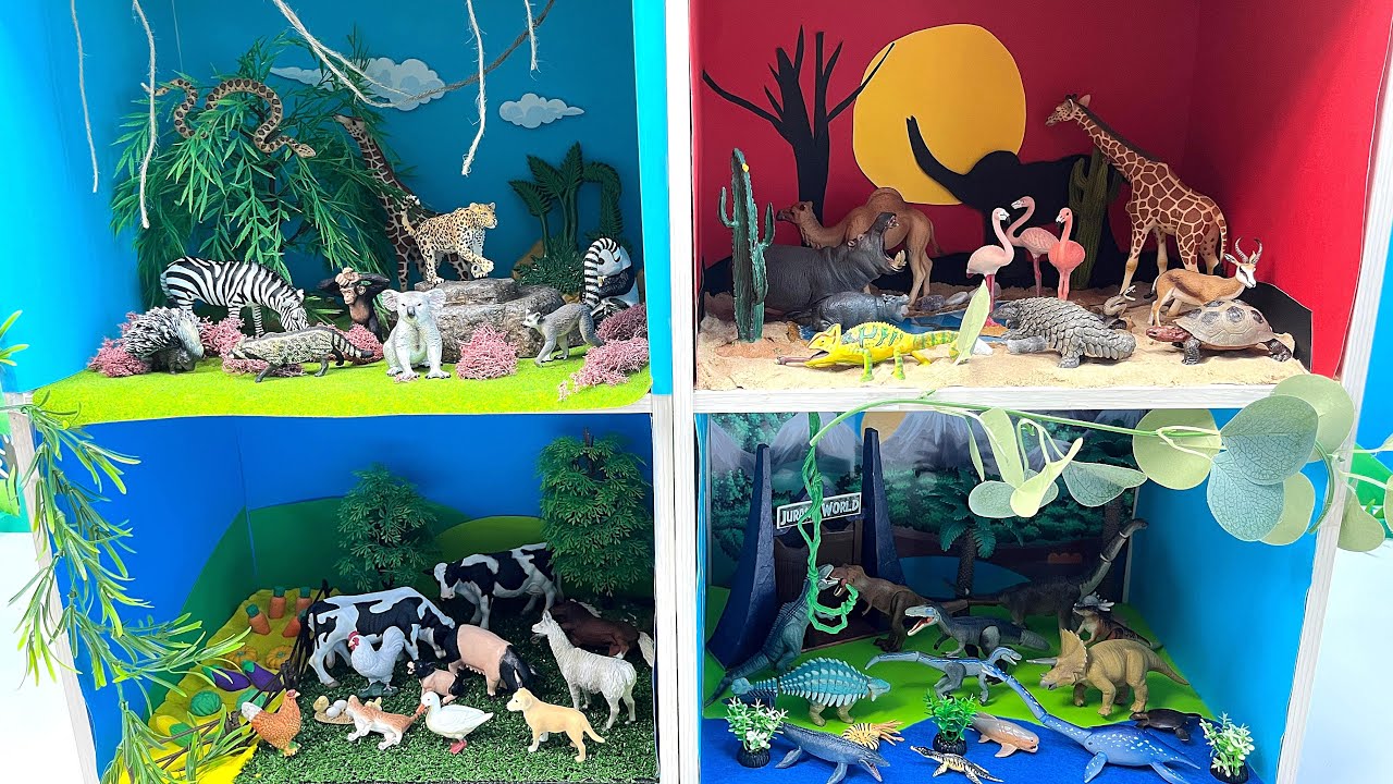4 Type Diorama Small World | Wildlife Safari Farm Dinosaur World In ...