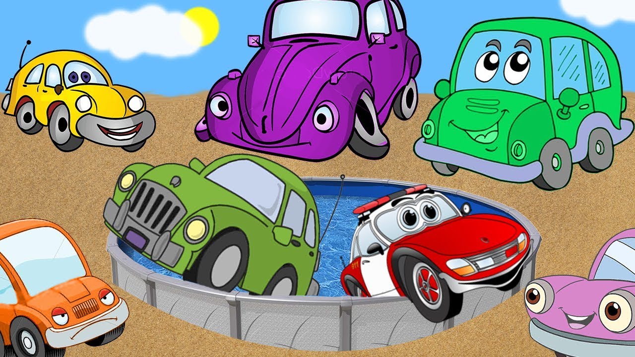🚗 Cars on the Beach jump into the pool. Cartoons for Kids // Learn ...