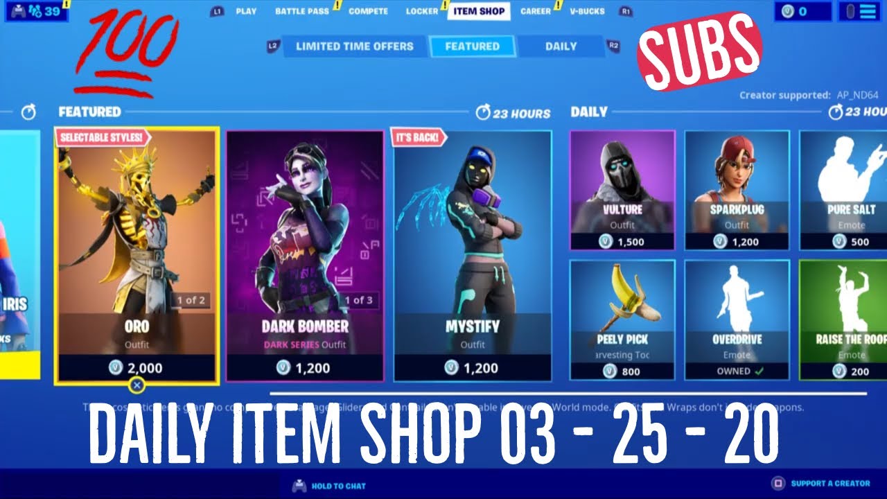 Daily item shop 03 - 25 - 20 || We reached 100 subs!!! 🎉💯🙌 - YouTube