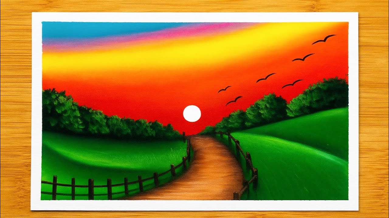 How to Draw a Countryside Landscape with Oil Pastel | Easy Step by Step ...