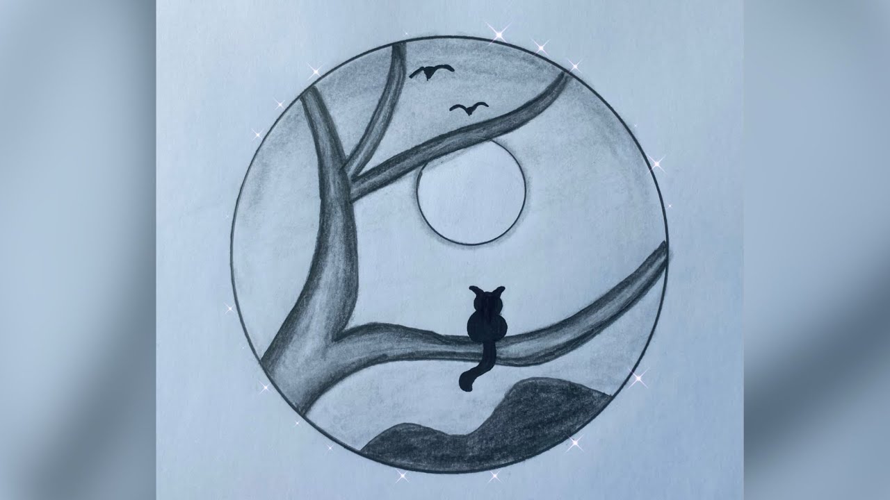 A cat sitting on a tree || Circle scenery drawing || Cat sitting alone ...