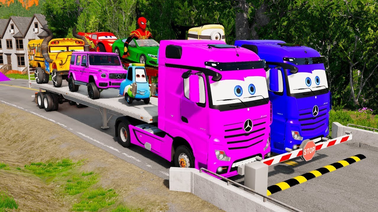 Double Flatbed Trailer Truck vs Speed Bumps Busses vs Speed Bumps ...