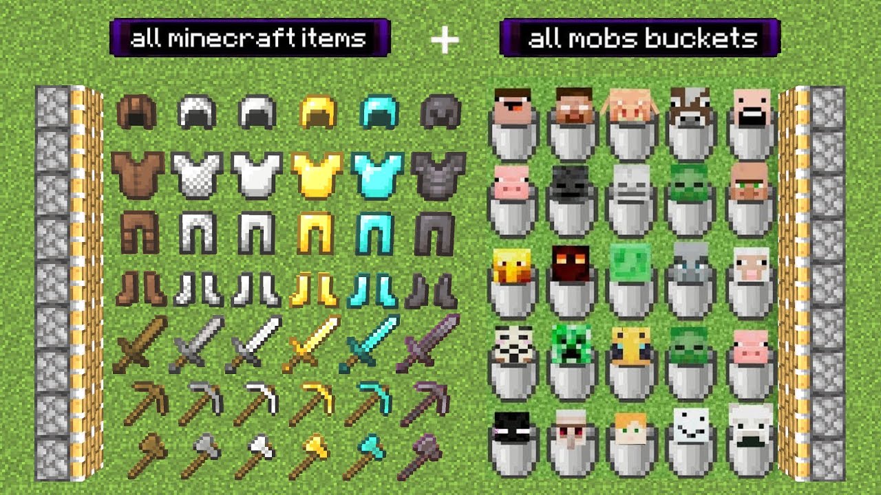all minecraft items and all new mobs buckets combined - YouTube