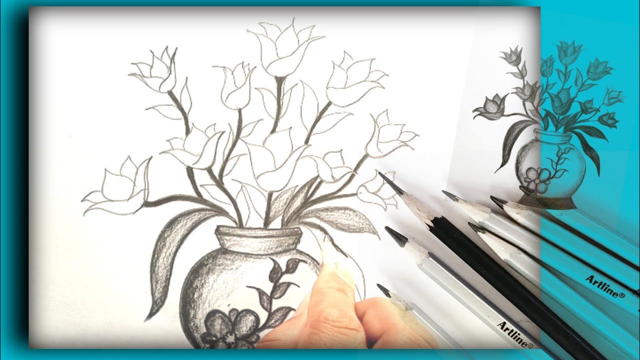 Easy and simpe flowers pot drawing | How to draw a vase with flowers ...