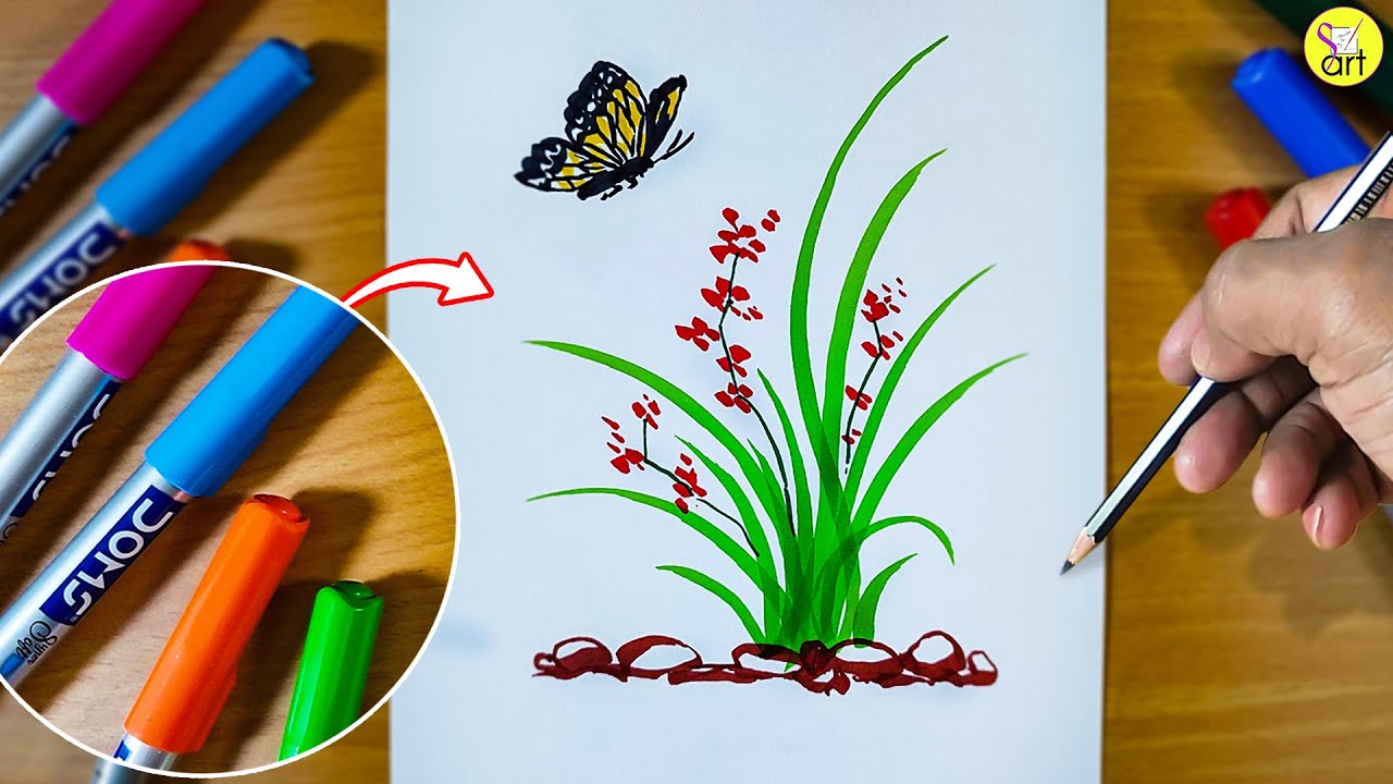 Draw a Beautiful Butterfly on a Flower! Using Brush Pen - YouTube