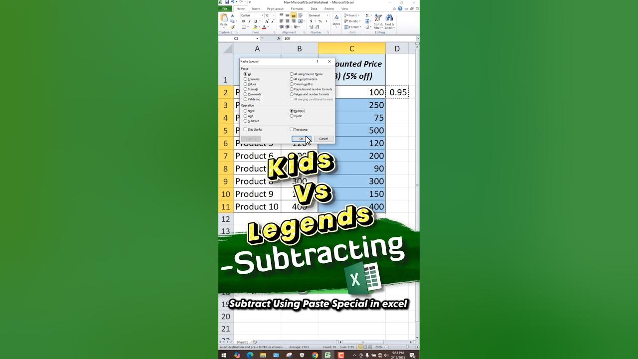 Subtract Using Paste Special in excel #exceltips - YouTube