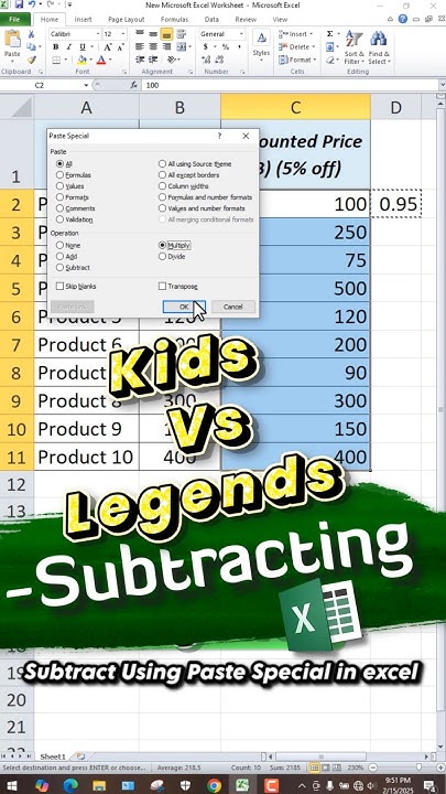Subtract Using Paste Special in excel #exceltips - YouTube