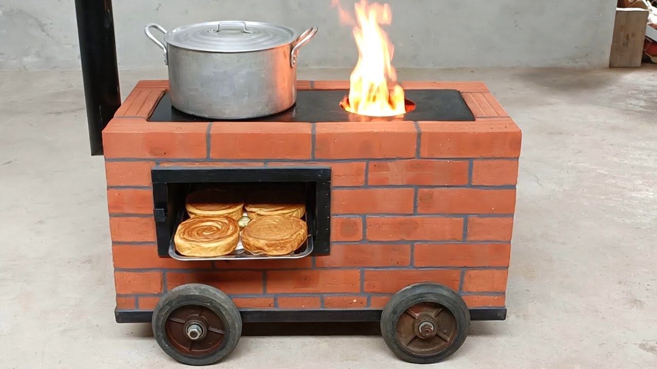 How to make an outdoor wood stove with an oven from red bricks - YouTube