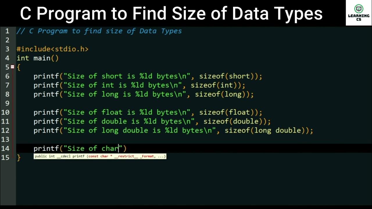 C Program to find the size of Data Types | Learning CS - YouTube