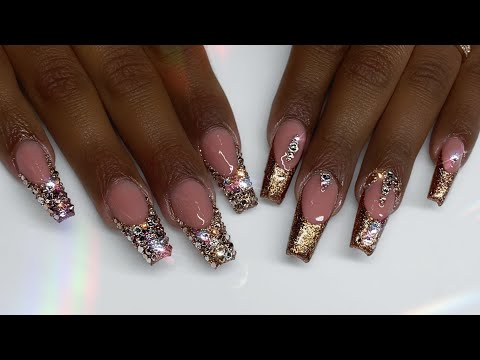 Rose Gold Swarovski Crystal French Bling Wedding Nails | Nail Tech's Secret to Full Bling Nail Art