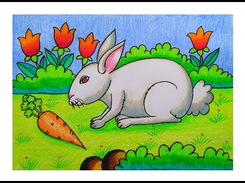 CUTE BUNNY SCENERY DRAWING | HOW TO DRAW RABBIT SCENERY DRAWING ...