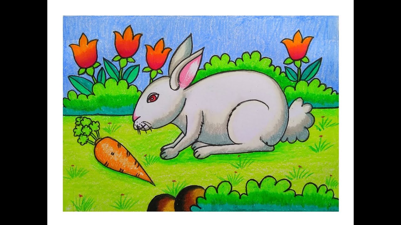 CUTE BUNNY SCENERY DRAWING | HOW TO DRAW RABBIT SCENERY DRAWING ...