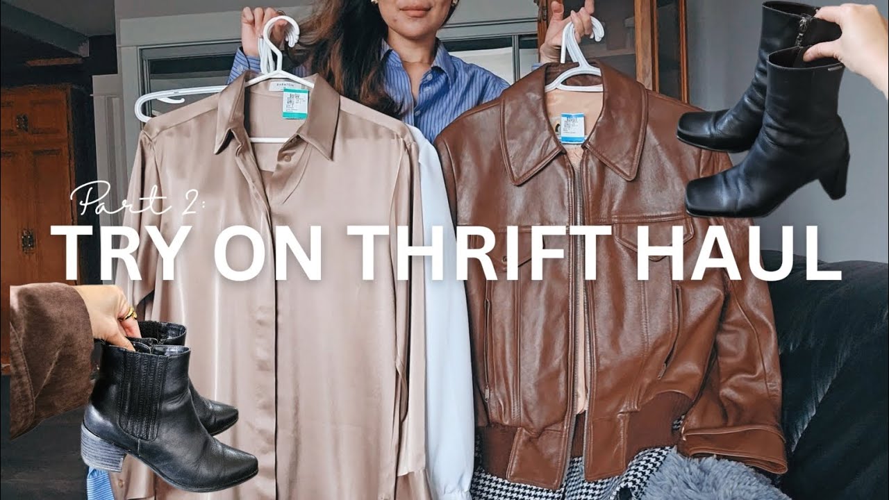 TRY ON THRIFT HAUL : Leather jacket, houndstooth, trenchcoat, blouses ...