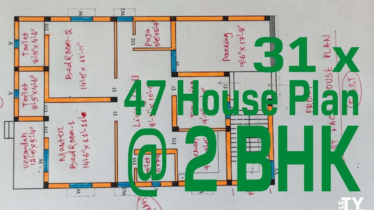 31 x 47 House Plan @ 2 BHK, with Pooja room Staircase and parking ...