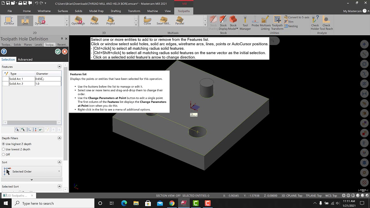 MASTERCAM 2021 HELIX BORE TOOLPATH - YouTube