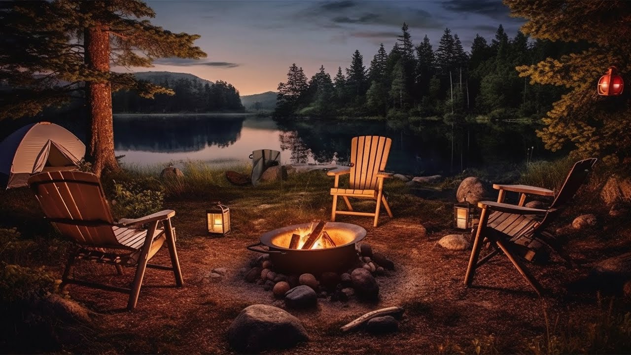 Fireplace Ambience | Relaxing Campfire by the Lake at Sunset | Stress ...