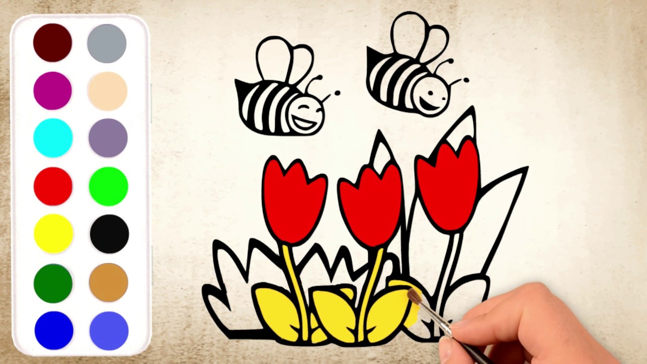Spring Time drawings for kids|how to draw and color Flowers Bees and ...