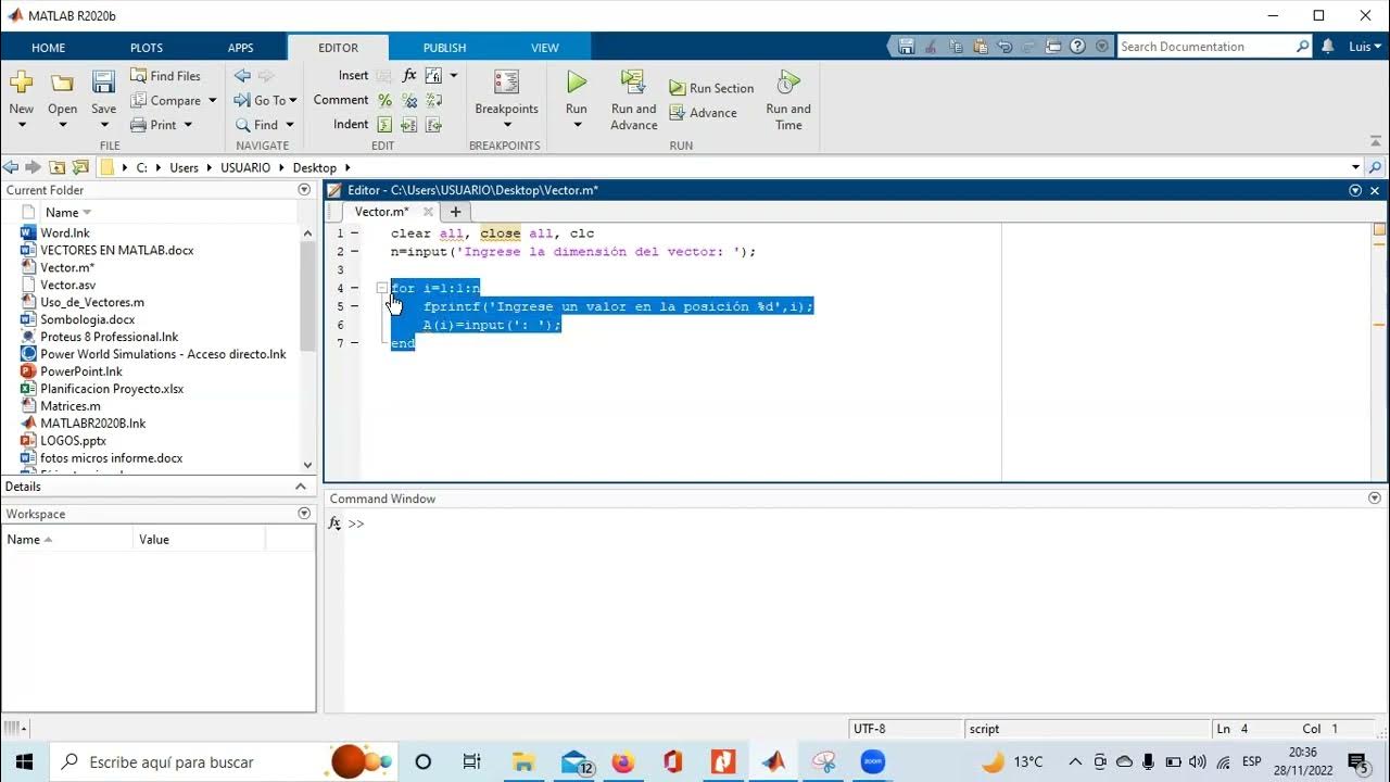 Como ingresar valores por teclado en un vector en Matlab - YouTube