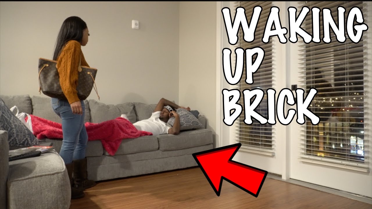 WAKING UP "BRICK" PRANK ON MY GIRLFRIEND! *cute reaction* it worked ...