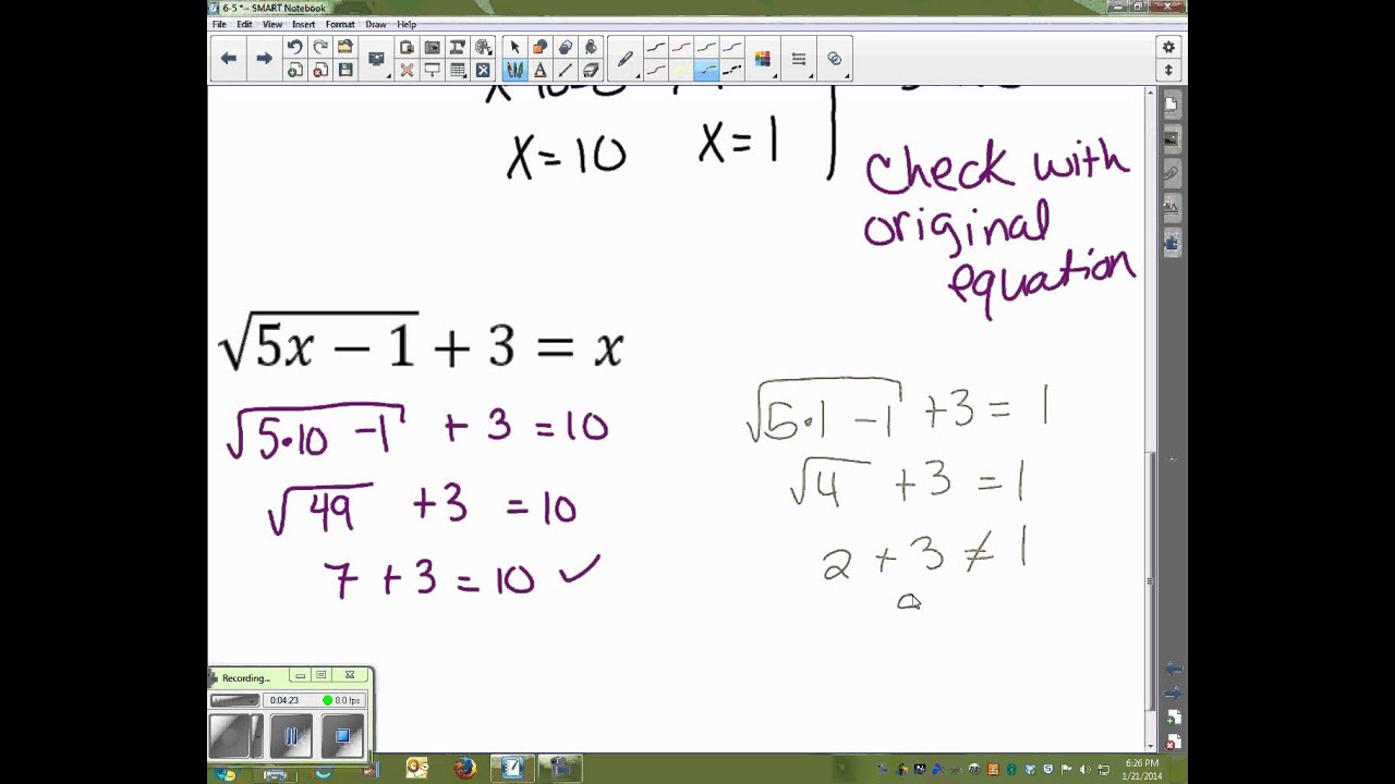 Algebra 2: 6-5 solving radical equations part 2 - YouTube