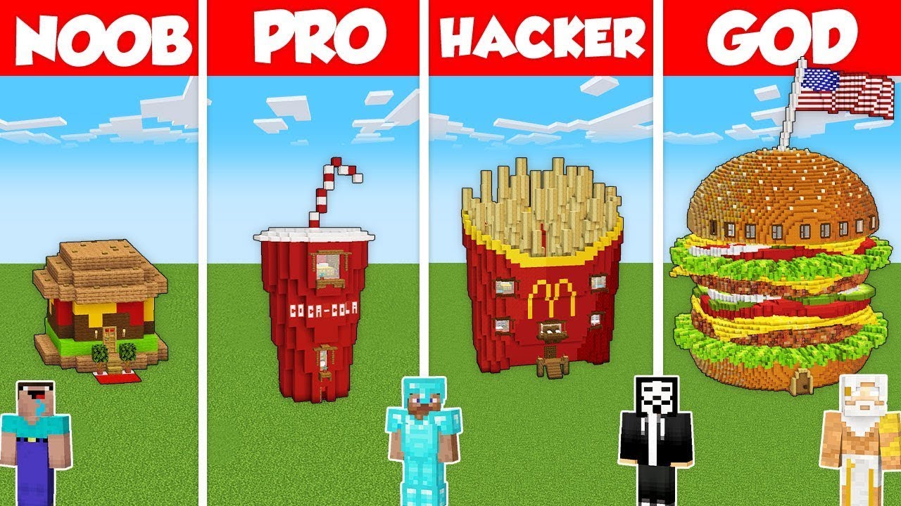 FAST FOOD BASE HOUSE BUILD CHALLENGE - Minecraft Battle: NOOB vs PRO vs ...