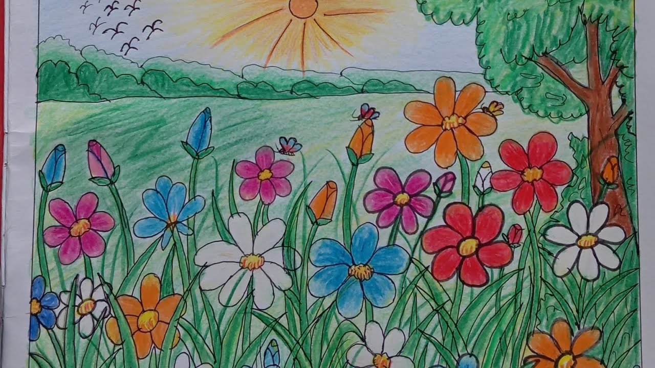 Easy flower garden drawing/ Easy scenery of flower#art #afrina #allah # ...