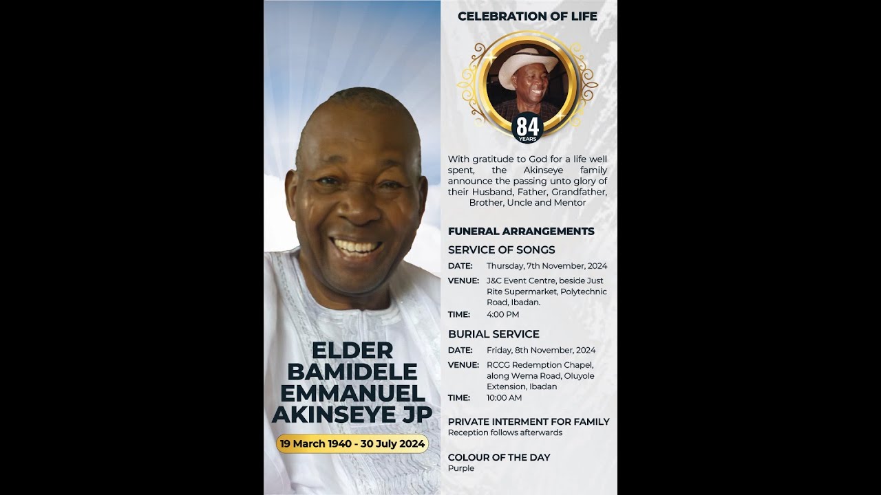 SERVICE OF SONGS FOR ELDER BAMIDELE EMMANUEL AKINSEYE JP - YouTube