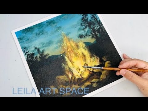 How to Paint Fire With Acrylics, Night Camping Bonfire Painting ...