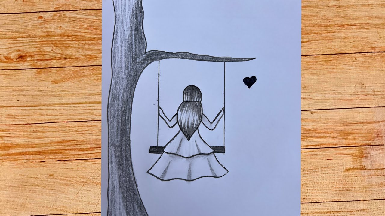 how to draw girl swing on tree || how to draw a girl swinging in a tree ...