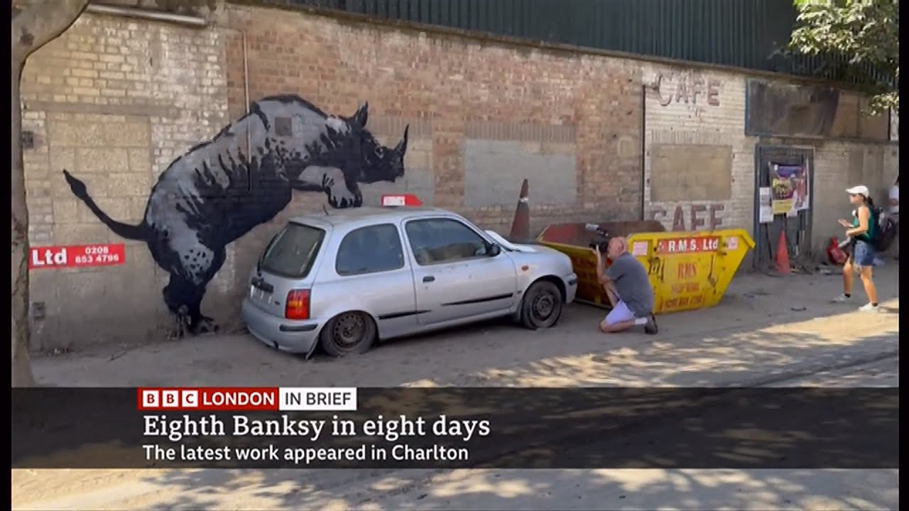 Eighth Banksy artwork in 8 days appears in London - rhino climbing a ...