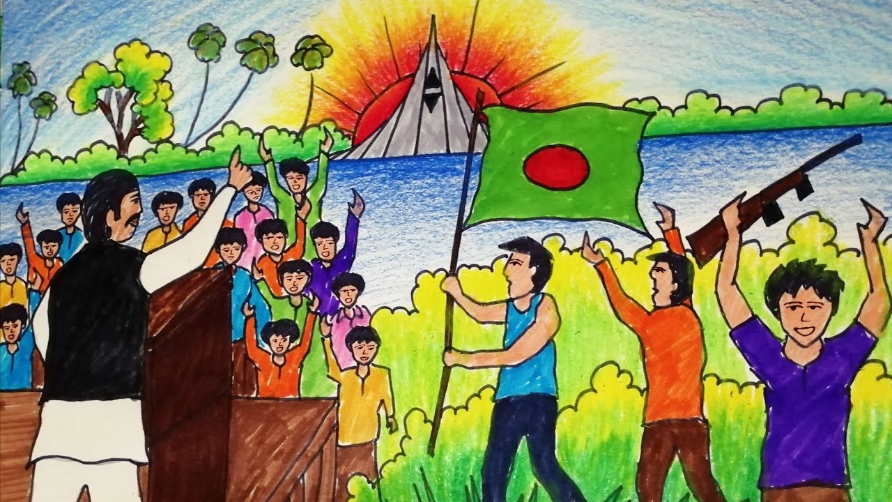 How to draw 7th March speech of Bangabandhu Sheikh Mujibur Rahman।। ৭ই ...