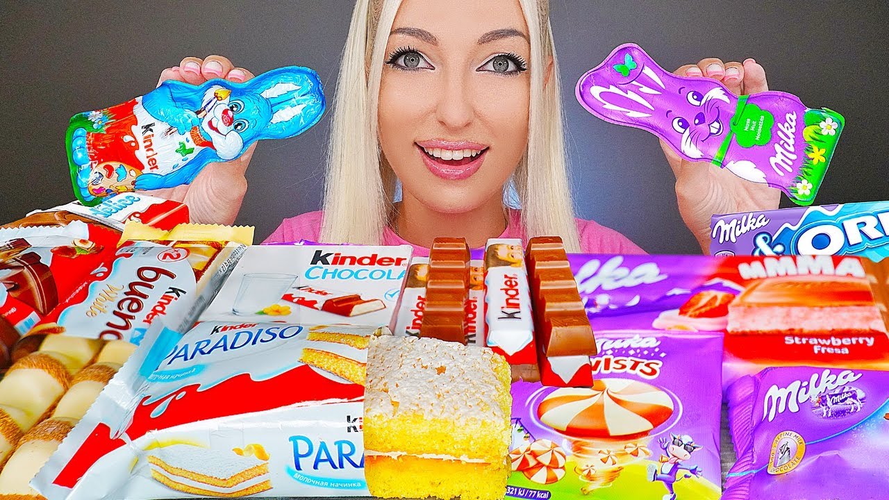 ASMR EATING CHOCOLATE KINDER VS MILKA, CAKE, BUENO, CANDY, 초콜릿 디저트, 챌린지 ...