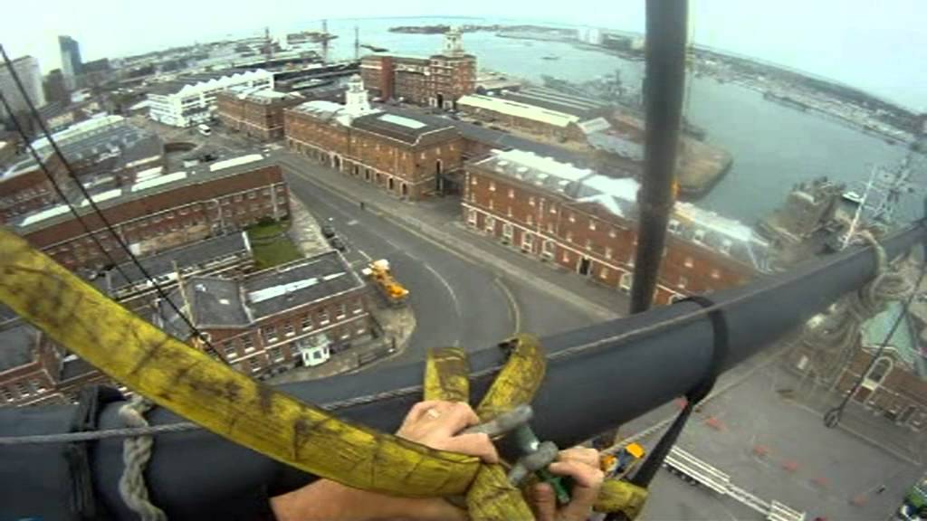 Removal of HMS Victory fore topgallant yard - above the ship! - YouTube