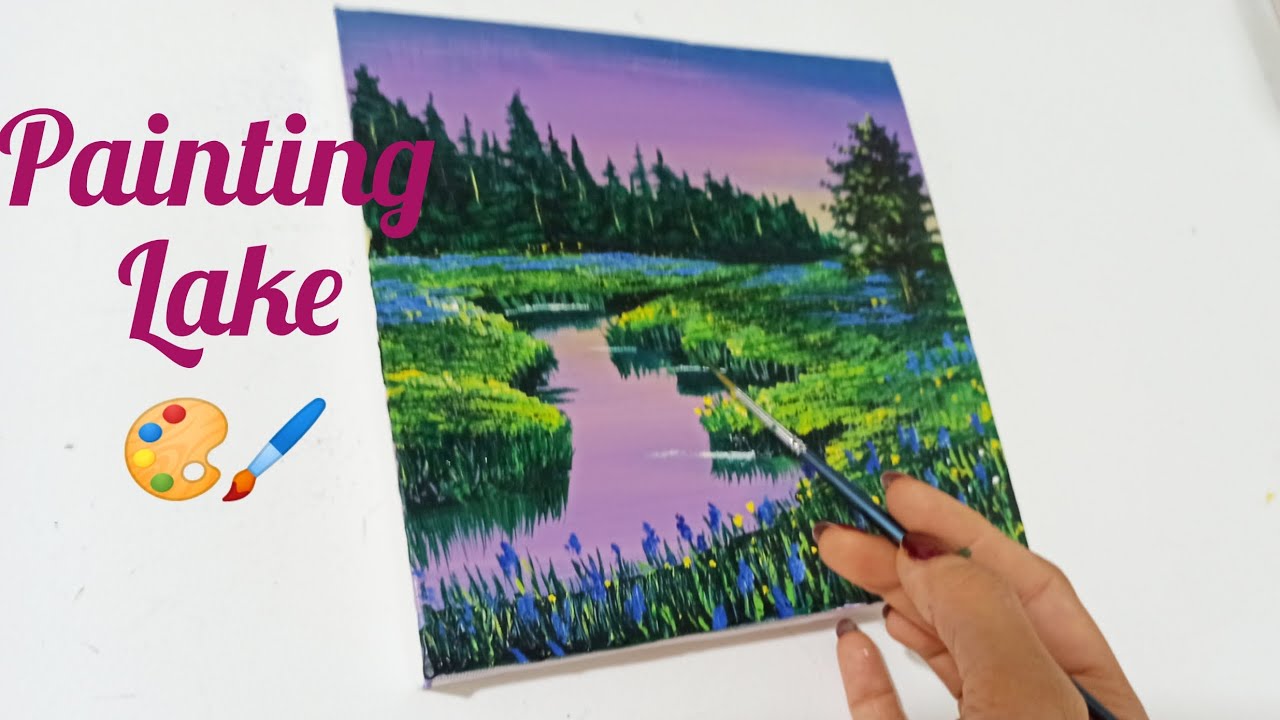 Painting a purple lake landscape | Easy Acrylic Painting | Purple lake ...
