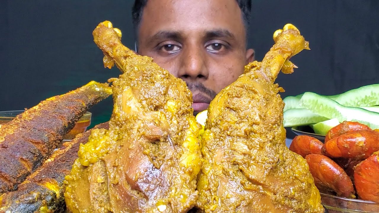 MUKBANG EATING 4 KG BIG SIZE KHASI CHICKEN AND SHRIMP FISH WITH FISH ...