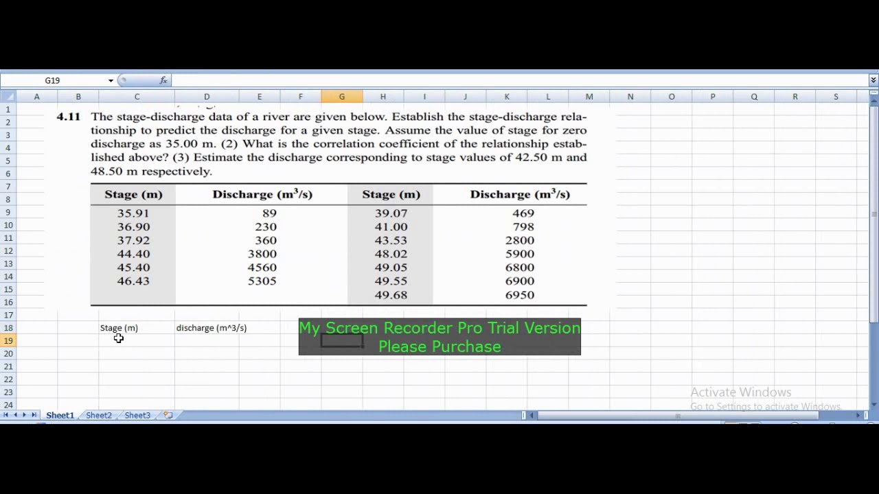 Stage discharge rating curve development example in excel - YouTube