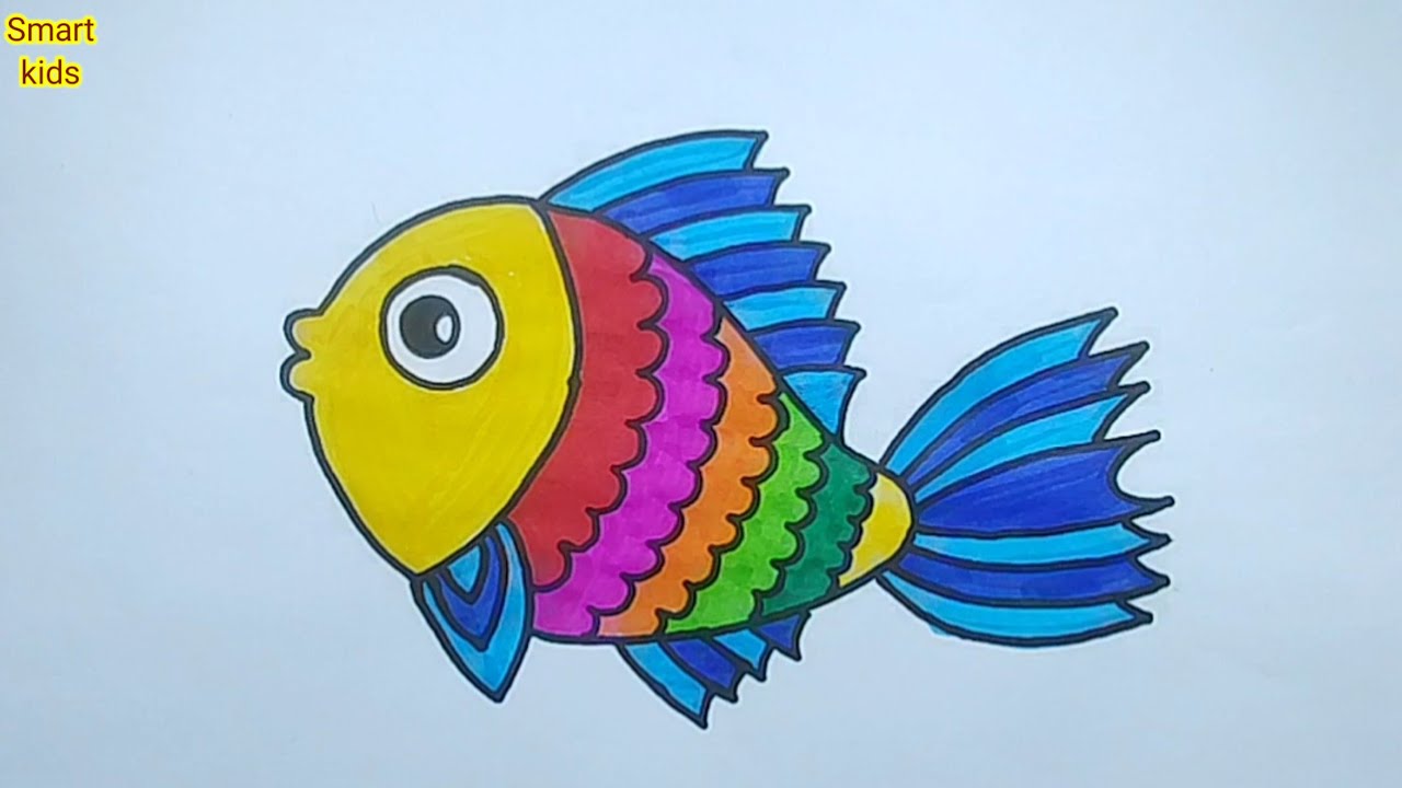 How to draw a cute fish step by step| Drawing for kids| Rainbow colour ...