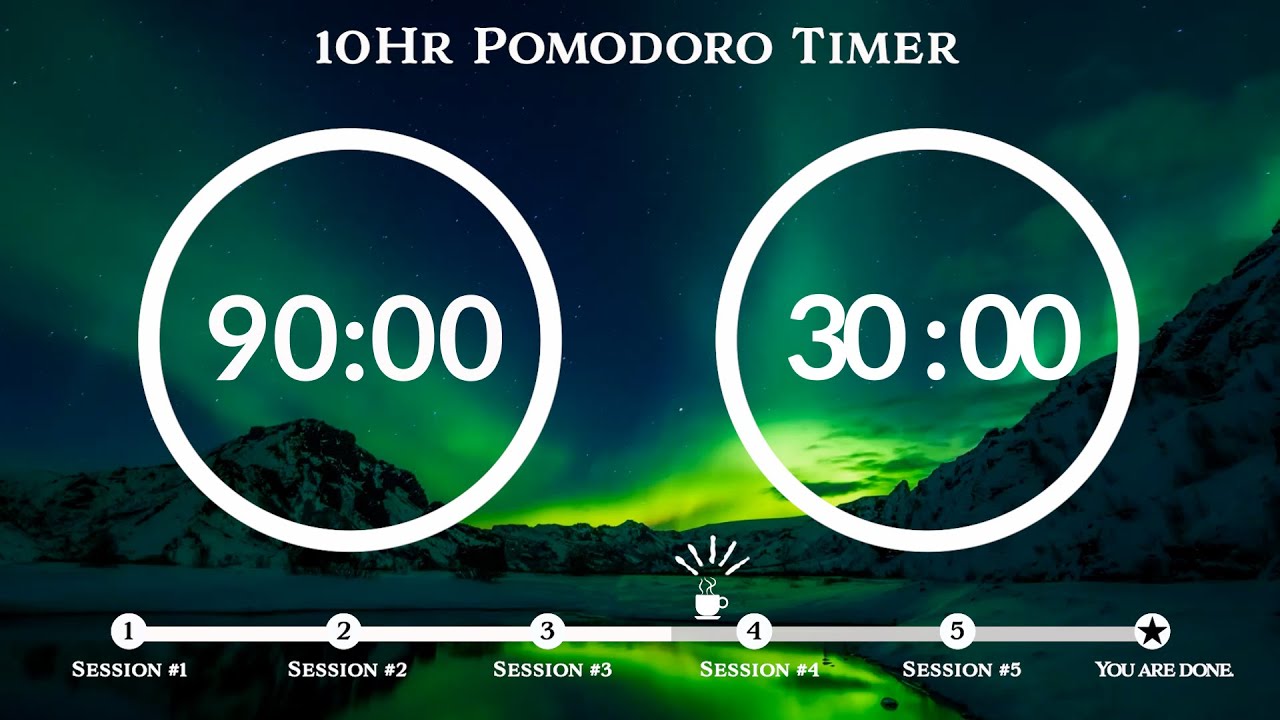 90 Minute Pomodoro Timer🌳Aurora & Night Forest sound📚10-Hour Study ⏱ ...