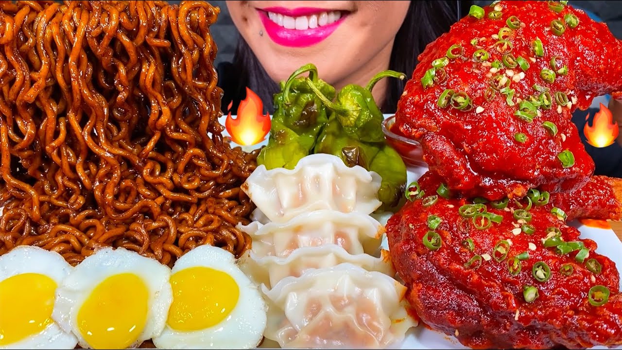 ASMR BLACK BEAN NOODLES, SPICY FRIED CHICKEN, DUMPLING, GRILLED PEPPER ...