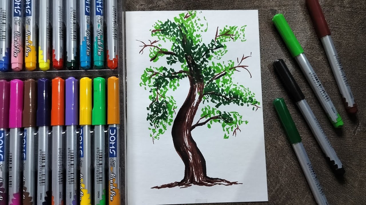 How to draw Tree with brush pen|Tree Drawing tutorial easy|step by step ...