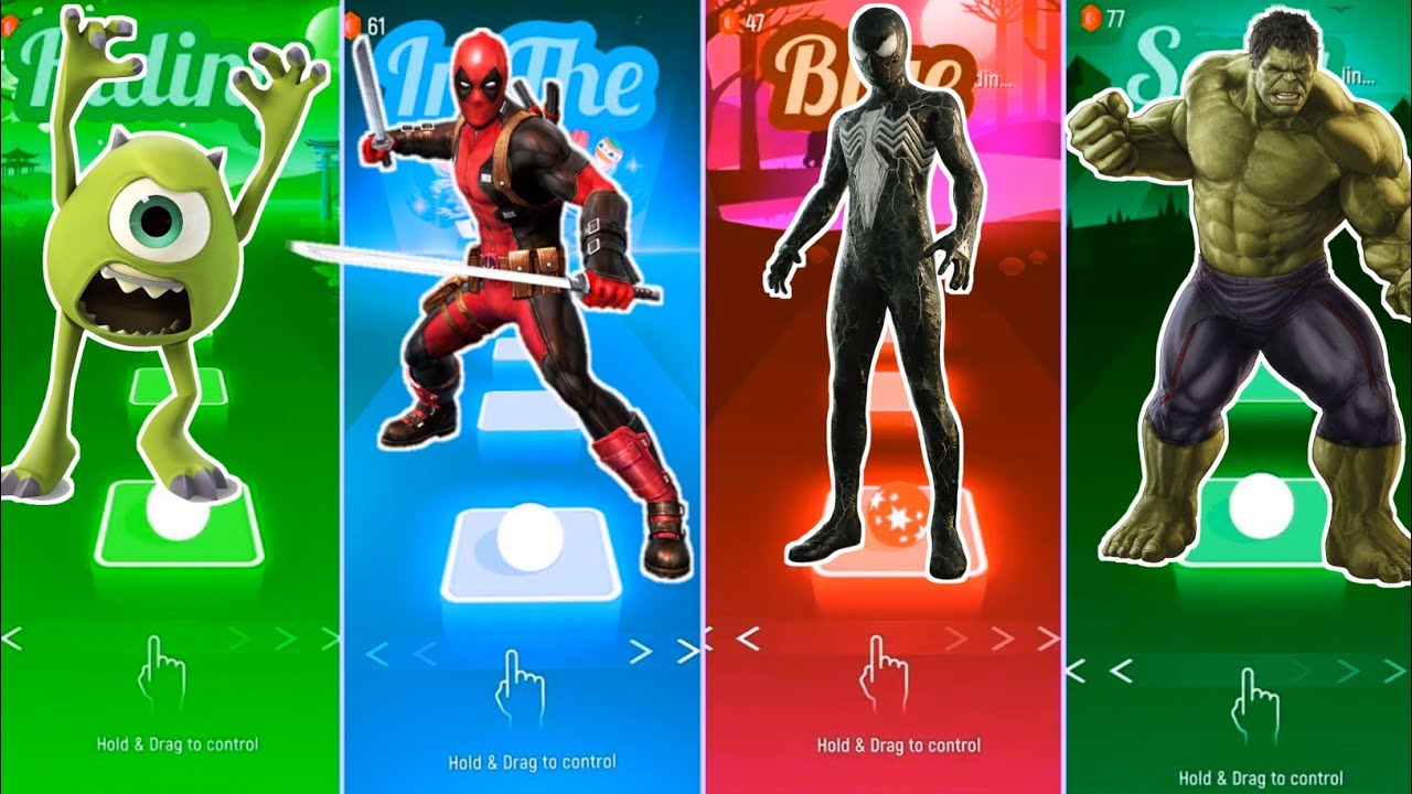 Hulk vs black Spiderman vs Deadpool vs Mike Wazowski battle tiles hop ...