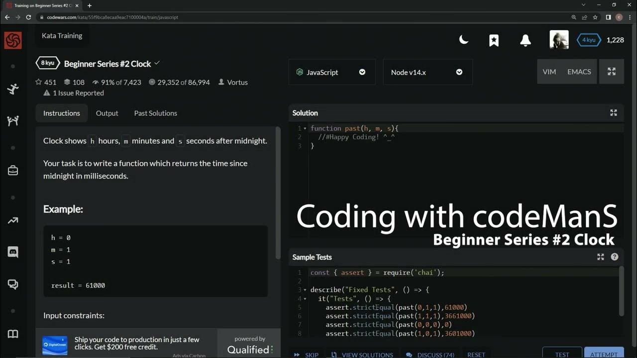 Codewars 8 kyu Beginner Series #2 Clock Javascript - YouTube