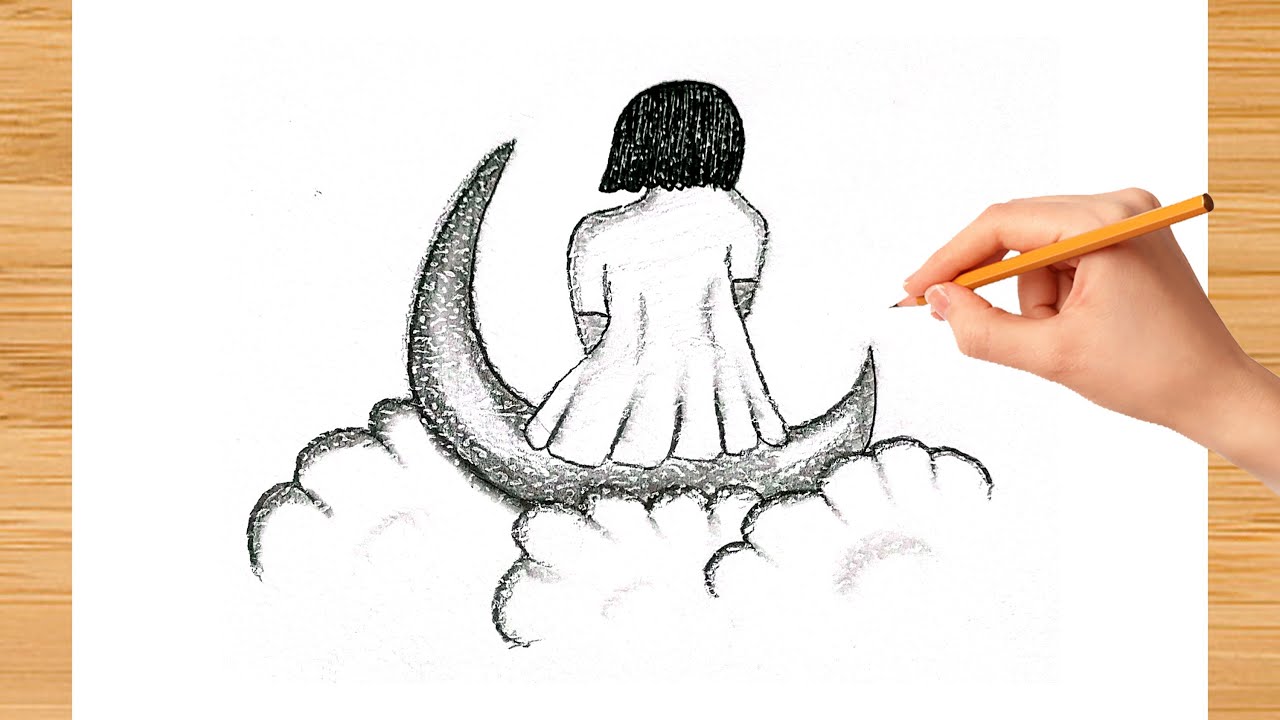 how to draw a beautiful girl sitting on moon drawing | easy drawing ...