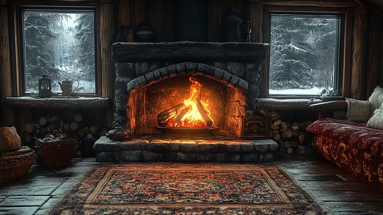Soothing Burning Stove with Crackling Fire Sounds in a Snowy Cabin for ...