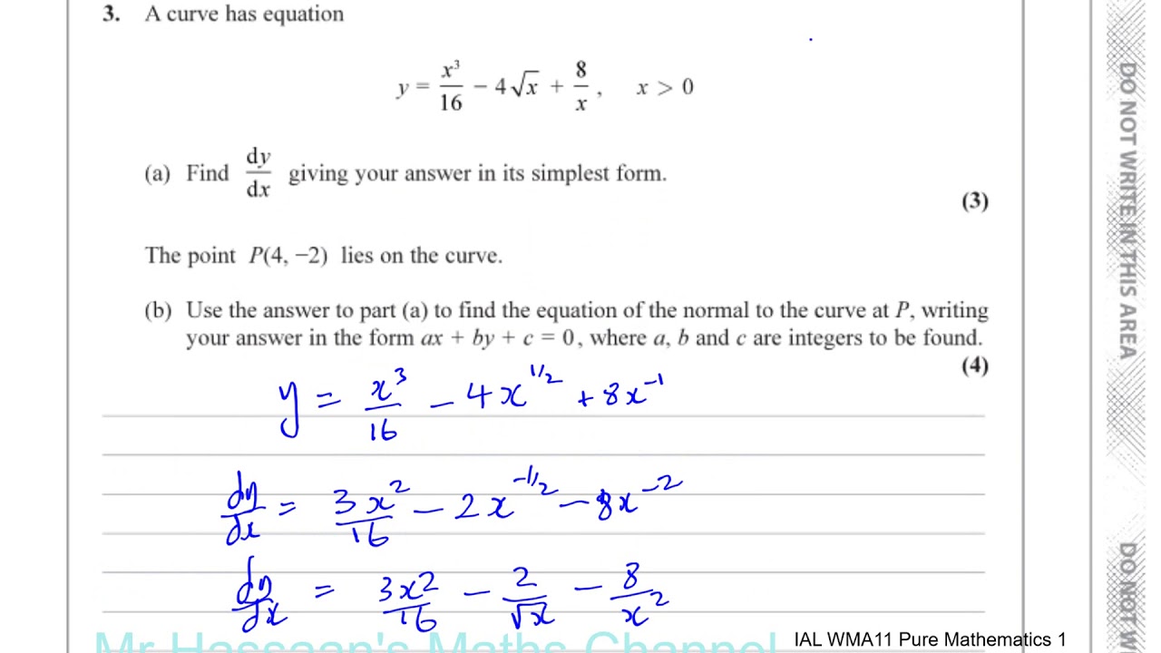EDEXCEL IAL P1 new Specimen Paper 2018 Q3 Differentiation, Equation of ...