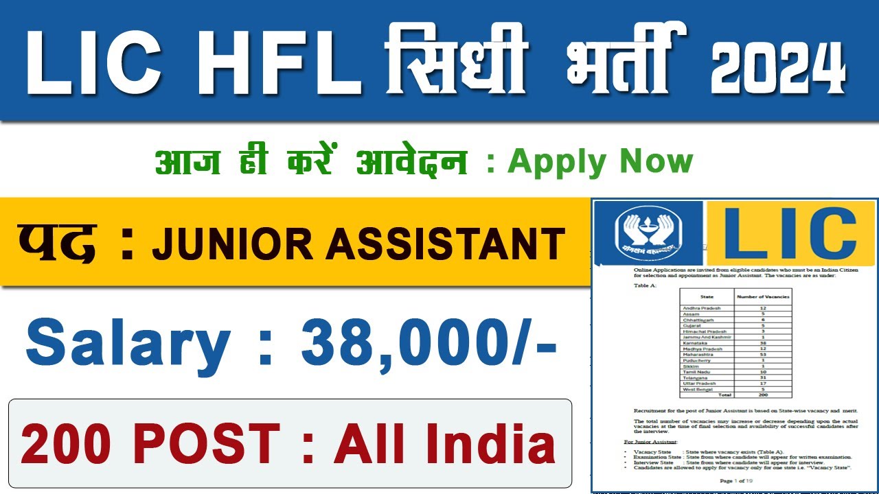 LIC HFL New Vacancy 2024 | LIC Junior Assistant Recruitment | LIC HFL ...